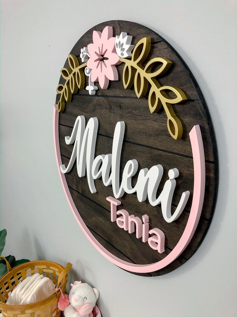 Custom Girl Wooden Circle Flower Name Sign Custom Handmade - Etsy