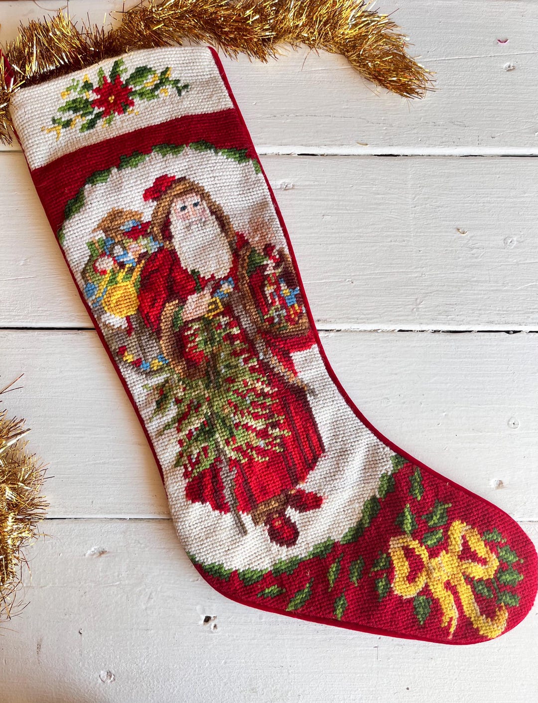 Vintage Needlepoint CHRISTMAS STOCKING, Vintage Santa Stocking ...