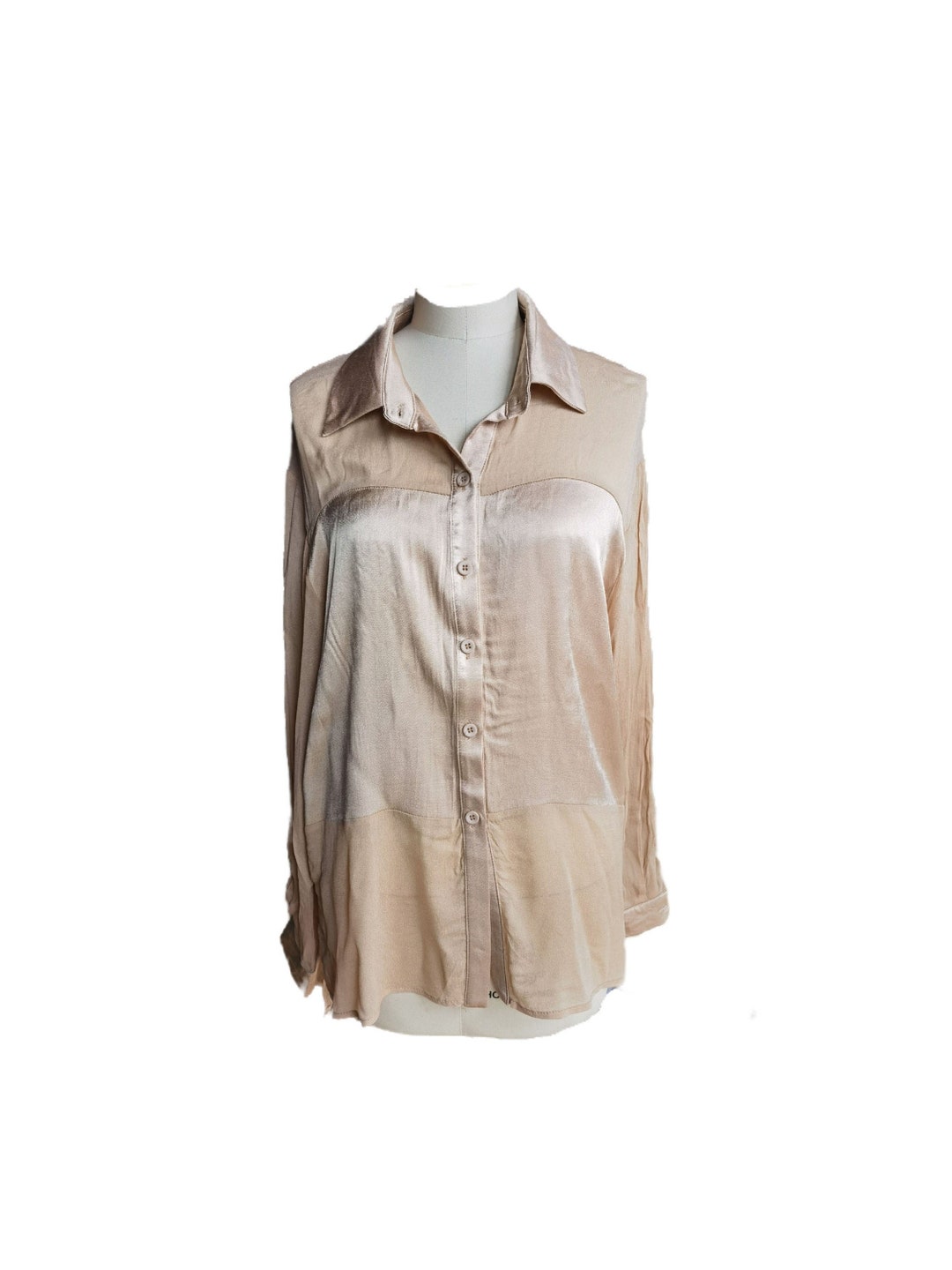Blusa de seda vintage para mujer, de satén beige, con vuelo ligero ...