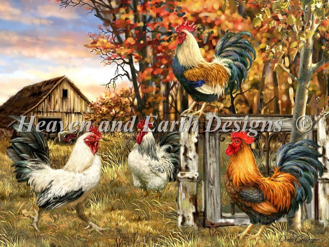 Rooster Farm Counted Cross Stitch Chart by Artist Dona Gelsinger ...