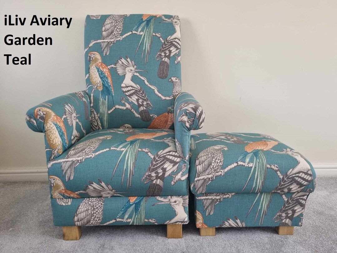 Handcrafted Aviary Birds Adult Armchair & Footstool: Teal Nursery ...