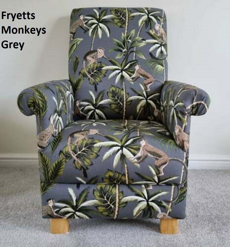 Fryetts Monkeys Fabric Adult Chair Armchair Jungle Animals Apes Grey ...
