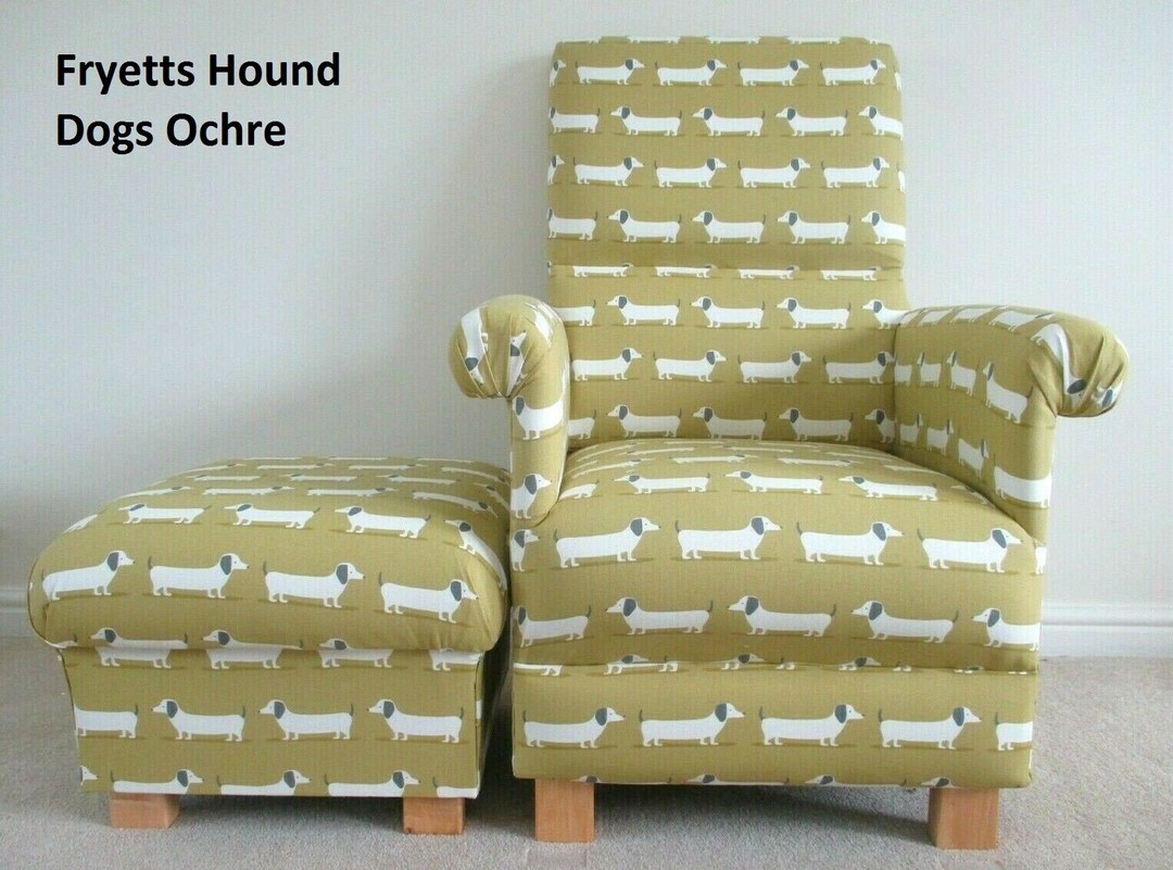 Hound Dogs Fabric Adult Armchair & Footstool - Ochre Mustard Accent ...