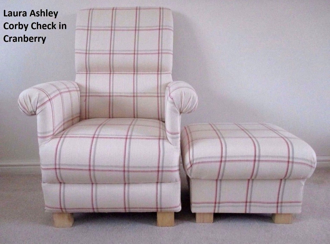 Laura Ashley Corby Check Cranberry Red Fabric Adult Chair & Footstool ...