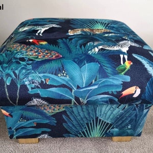 Tropical Jungle Velvet Fabric Footstool Pouffe Foot Rest Footstall Blue ...