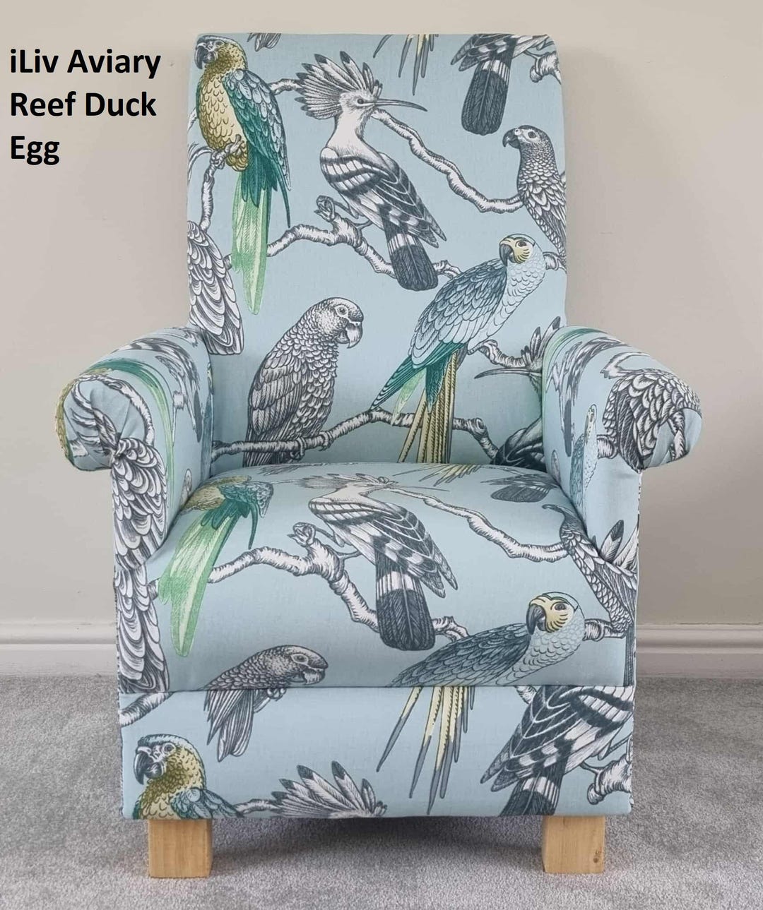 Aviary Fabric Adult Chair Armchair Birds Mccaws Parrots Parakeets ...