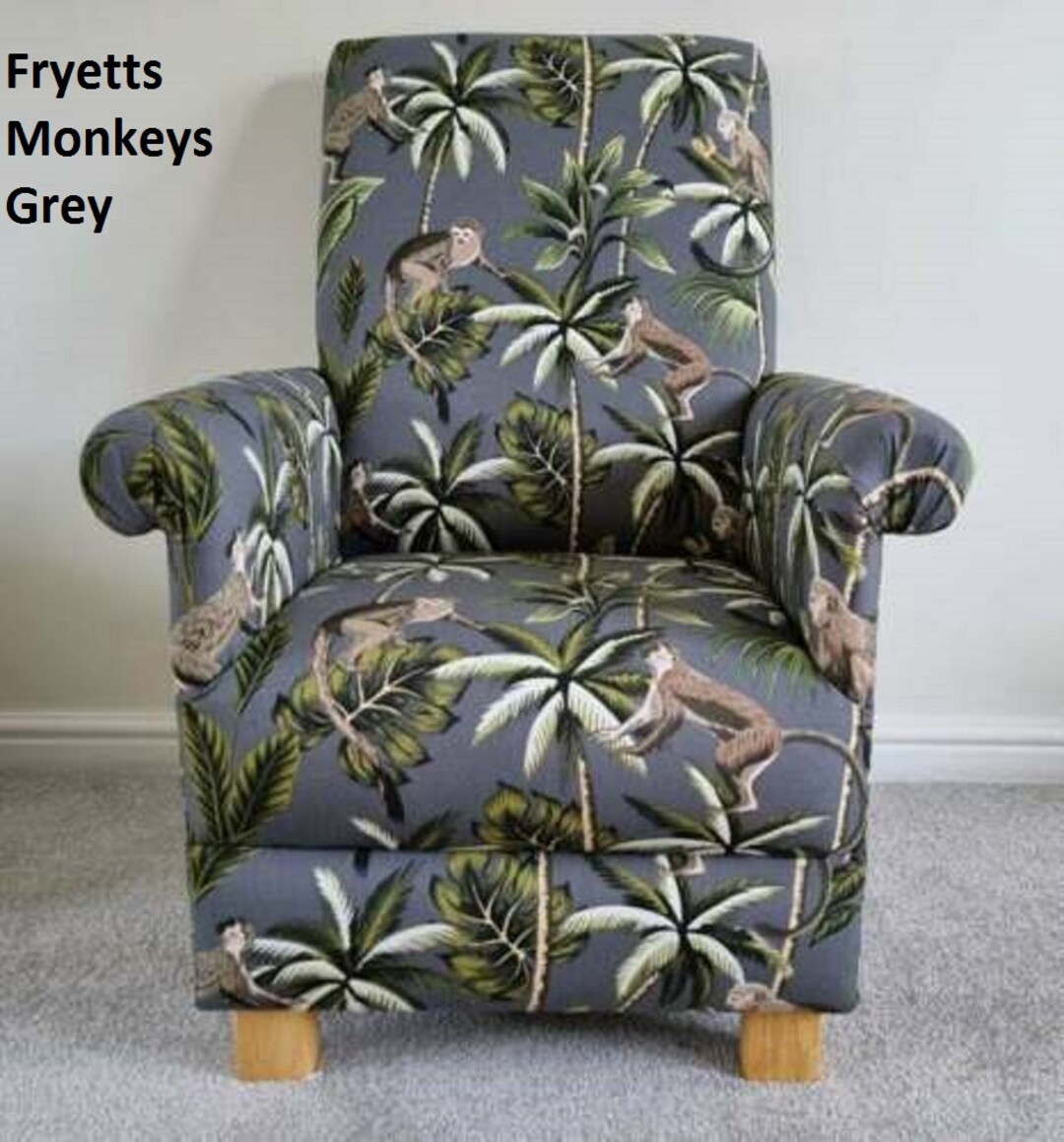 Fryetts Monkeys Fabric Adult Chair Armchair Ochre Mustard Teal Green ...