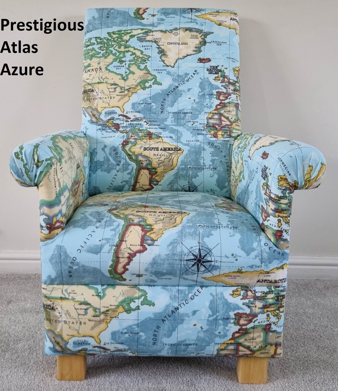 Handcrafted World Map Adult Armchair: Blue Cream Atlas Fabrics Chair ...
