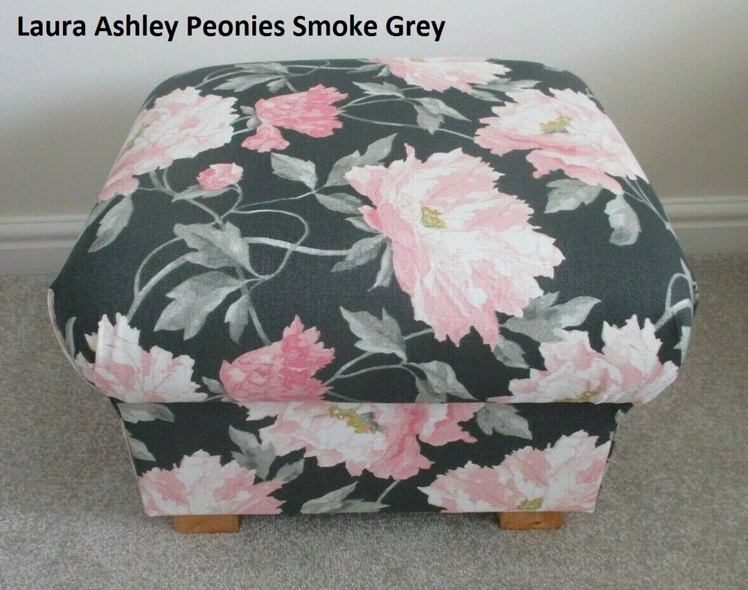 Laura Ashley Peonies Fabric Footstool: Smoke Grey Floral Hassock ...