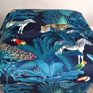 Tropical Jungle Velvet Fabric Footstool Pouffe Foot Rest Footstall Blue ...
