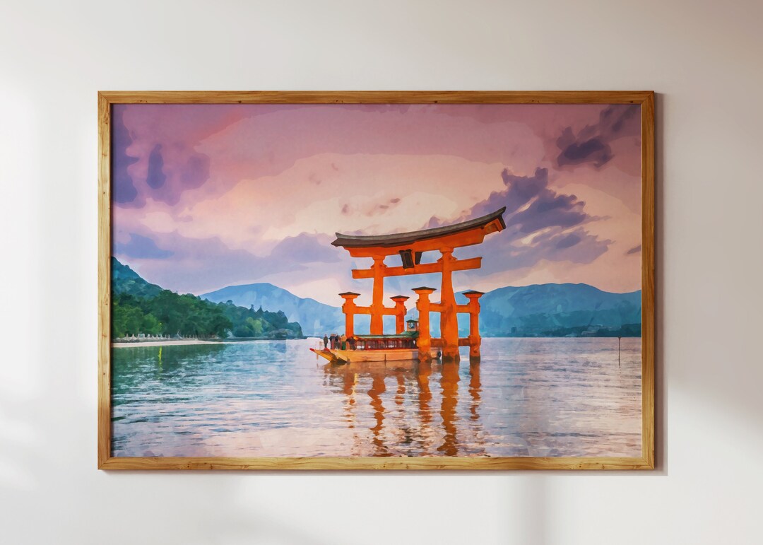 Floating Torii Gate and Boat, Japan Nature Landscape - Watercolor Style ...