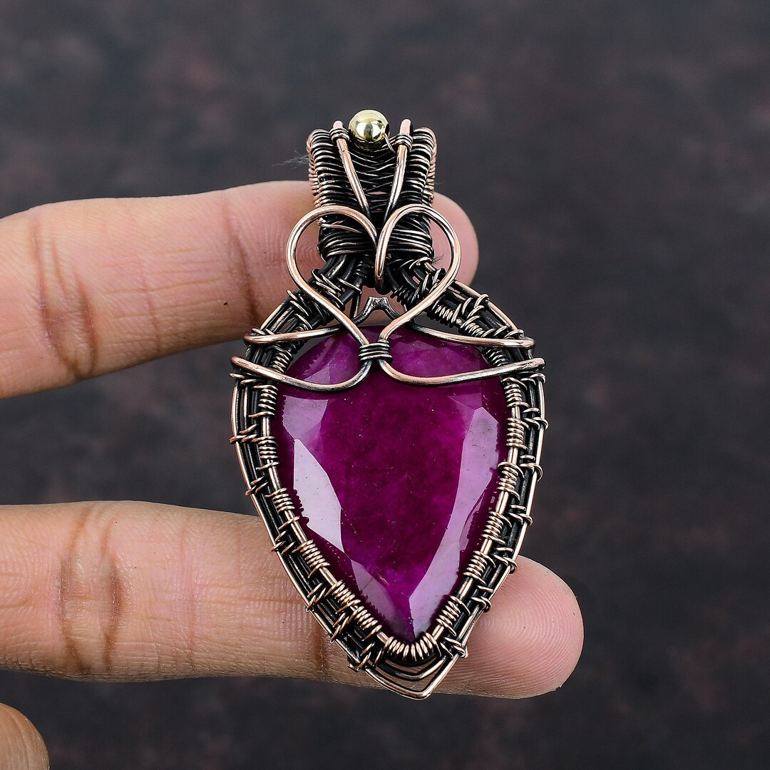 Faceted Kashmir Ruby Pendant Copper Wire Wrapped Pendant Handmade ...