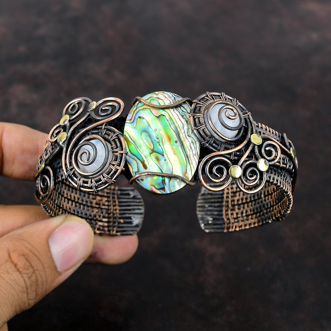 Abalone Shell Cuff Bracelet Copper Wire Wrapped Rainbow Moonstone ...