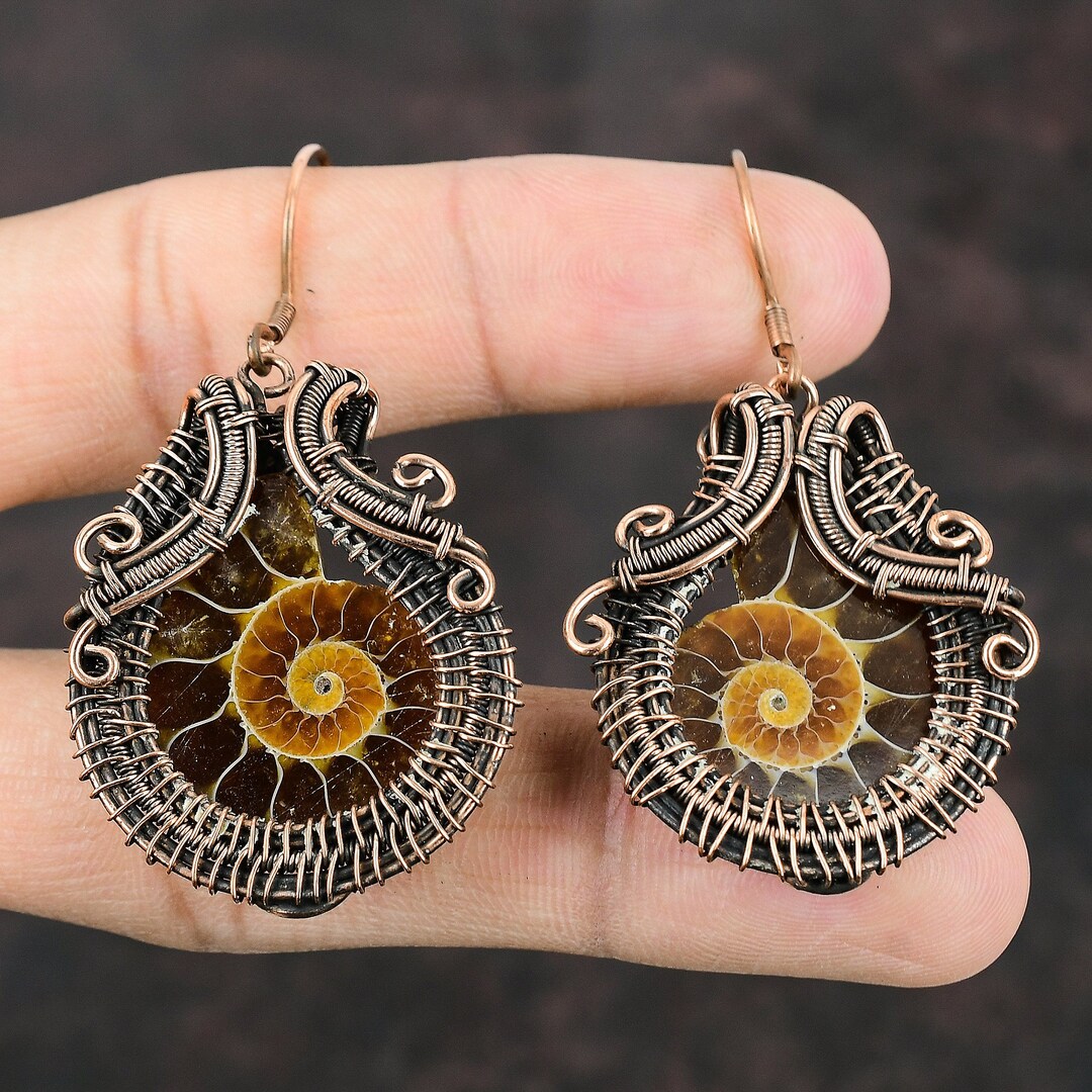 Ammonite Fossil Copper Earring Copper Wire Wrapped Earring Gemstone ...