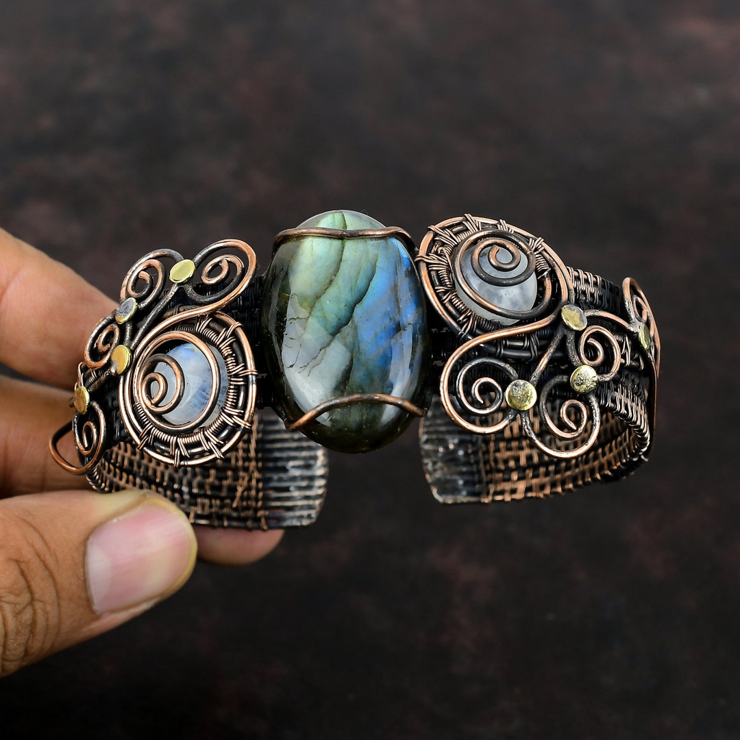 Labradorite Cuff Bracelet Copper Wire Wrapped Bangle Rainbow Moonstone ...