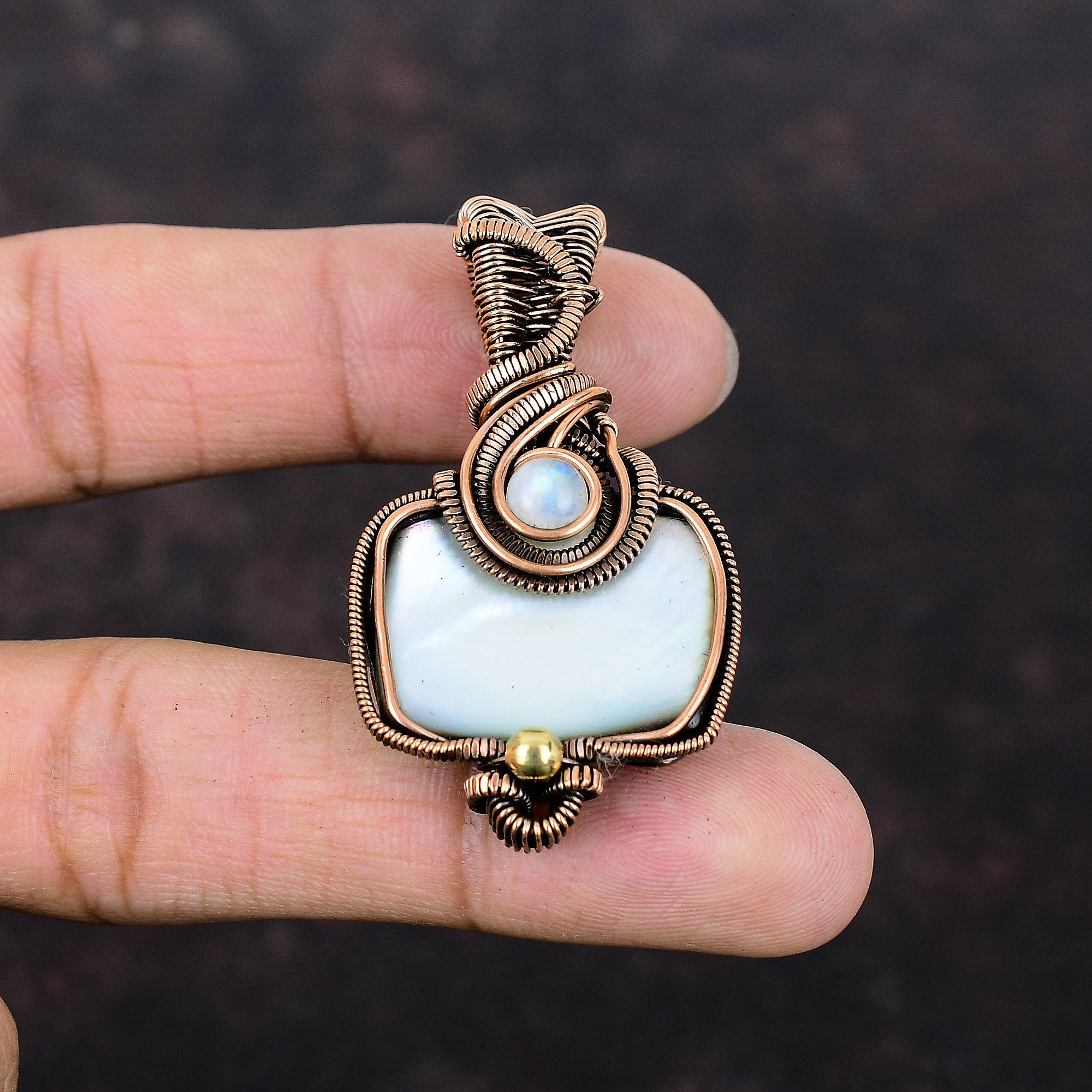 Mother of Pearl Pendant Copper Wire Wrapped Gemstone Pendant Handmade ...