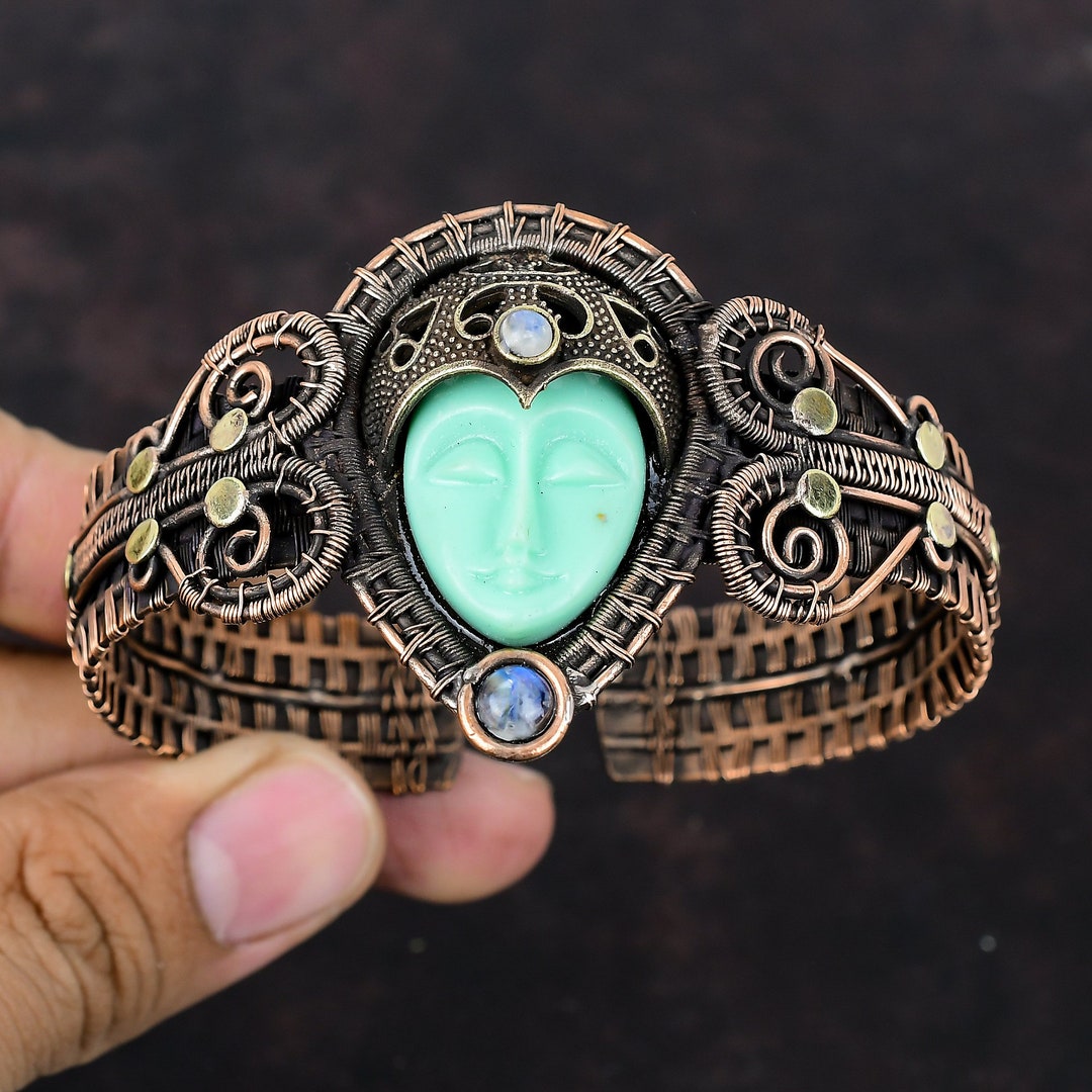 Green Carved Bone Face Cuff Bracelet Gemstone Bangle Copper Wire ...