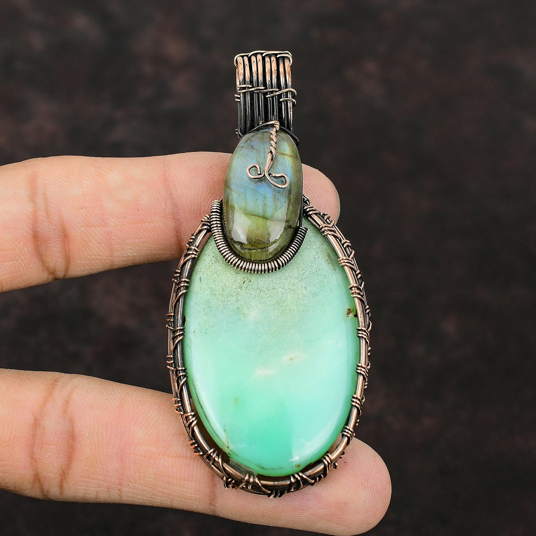 Chrysoprase Pendant Copper Wire Wrapped Pendant Labradorite Jewelry ...