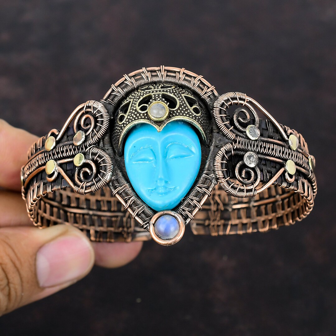 Blue Carved Bone Face Cuff Bracelet Copper Wire Wrapped Bangle ...