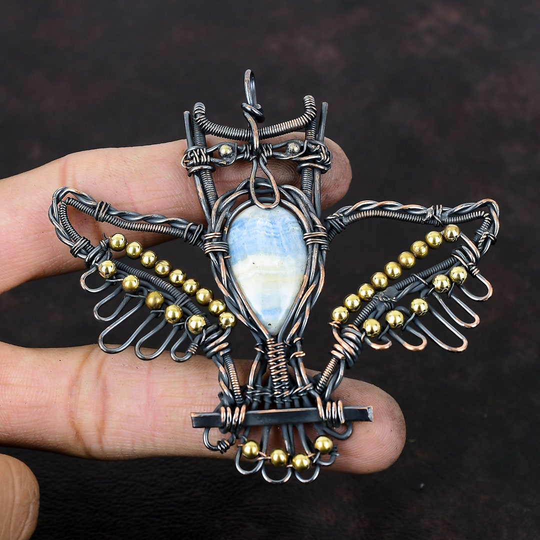 Blue Scheelite Pendant Copper Wire Wrapped Pendant Owl Pendant Handmade ...