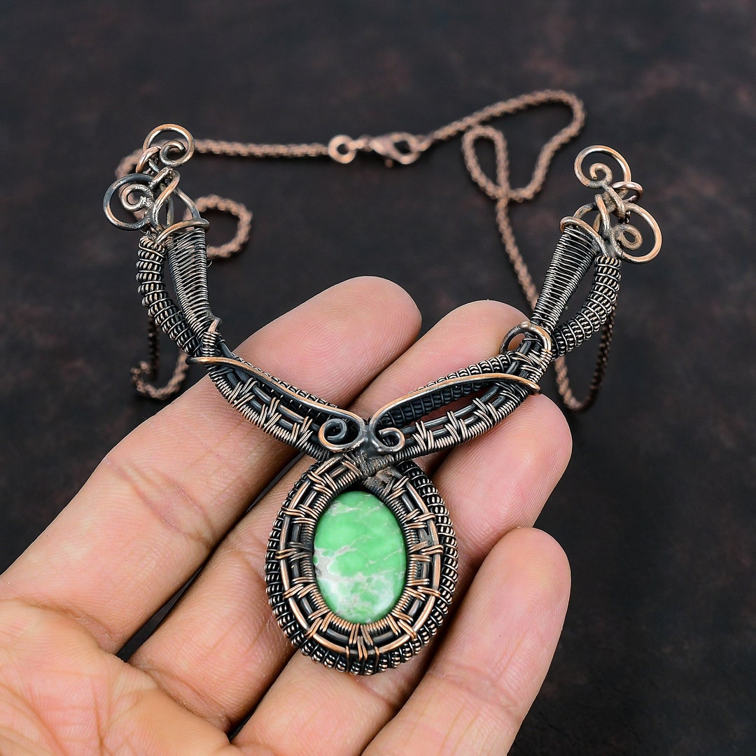 Variscite Necklace Copper Wire Wrapped Necklace Genuine Gemstone ...