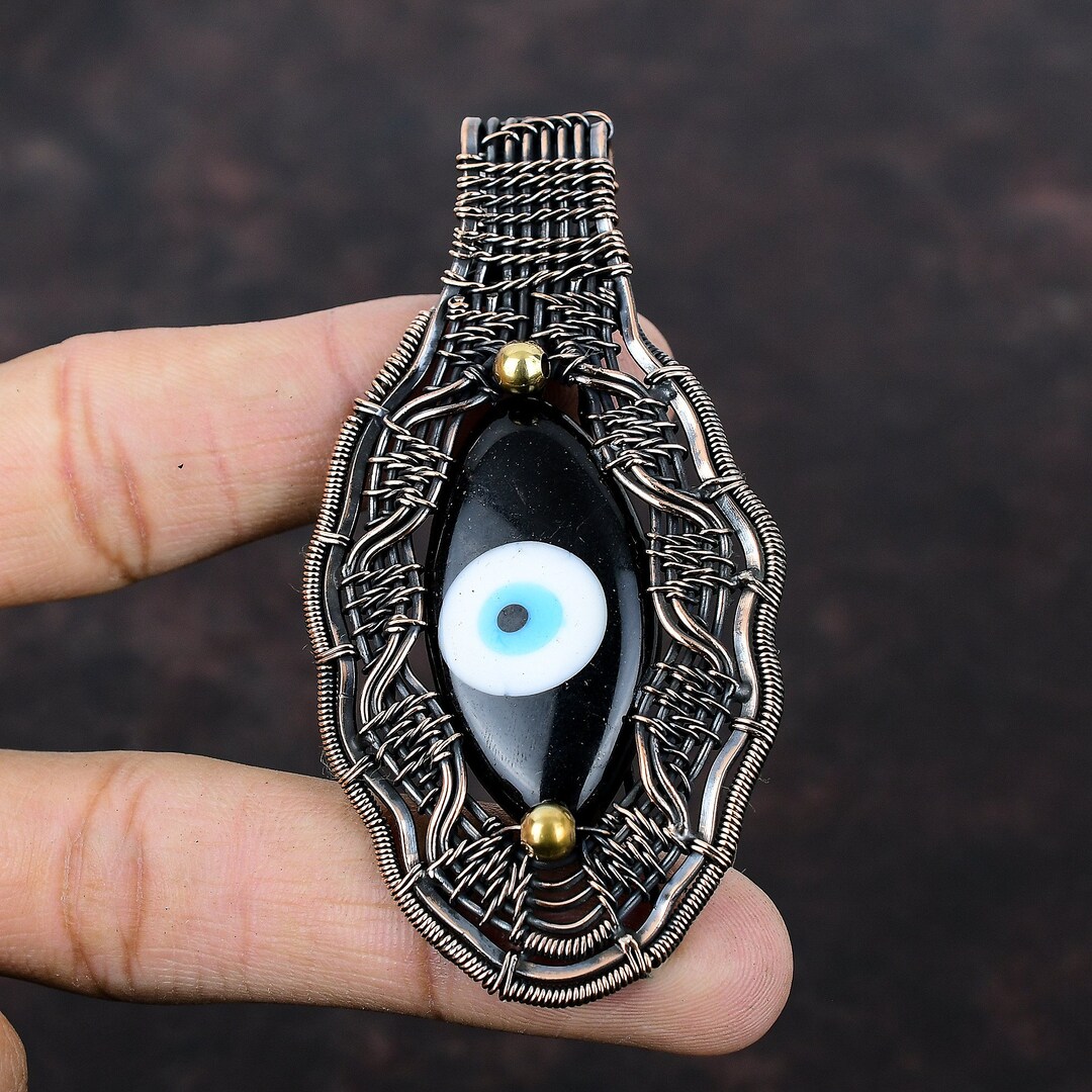 Black Color Evil Eye Pendant Copper Wire Wrapped Pendant Gemstone ...