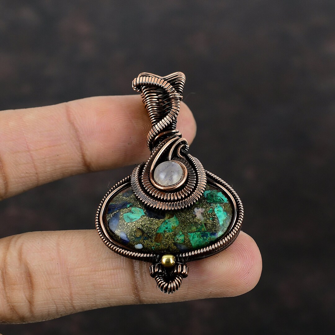Copper Azurite Malachite Pendant Rainbow Moonstone Pendant Copper Wire ...