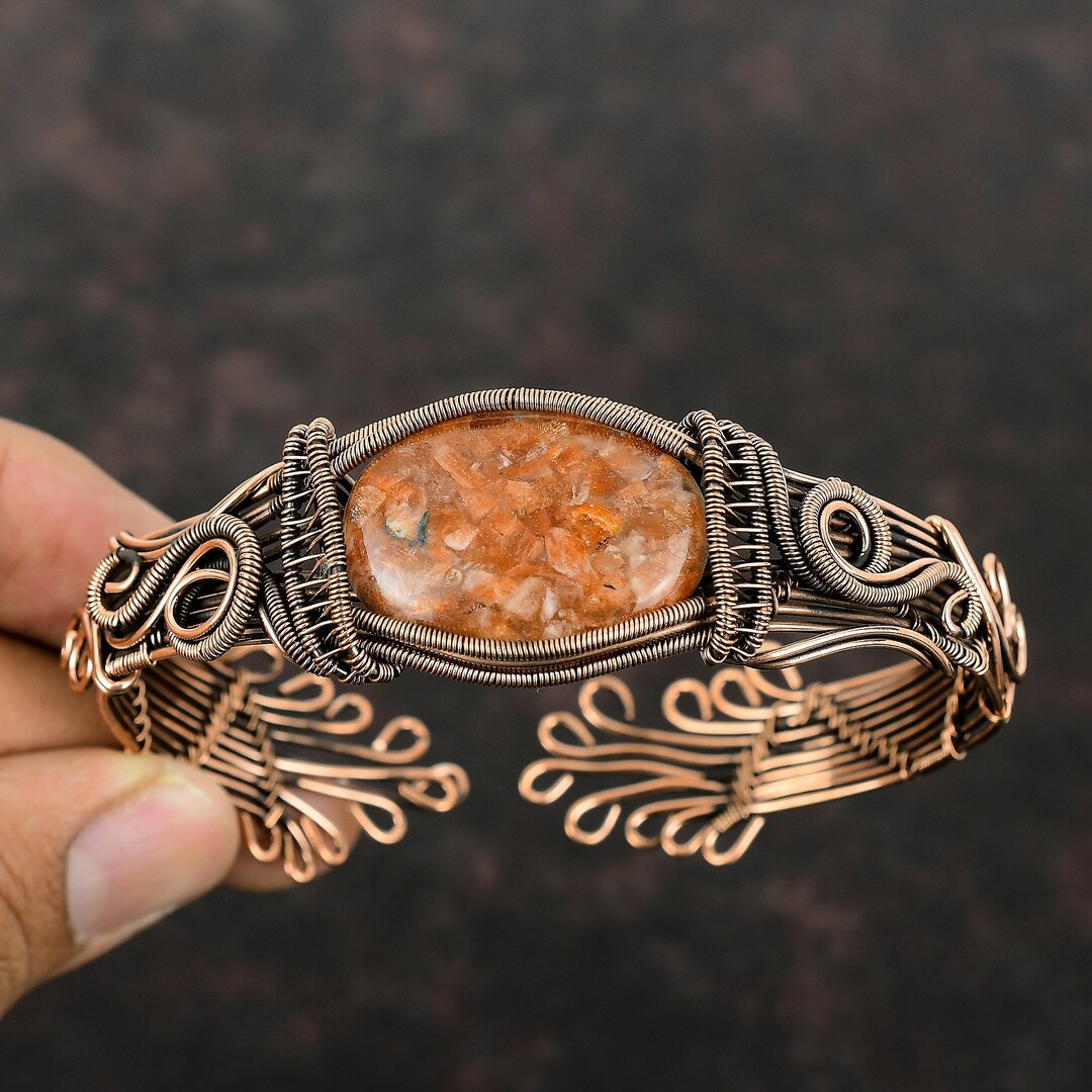 Sunstone Cuff Bracelet Copper Wire Wrapped Bangle Adjustable Bangle ...