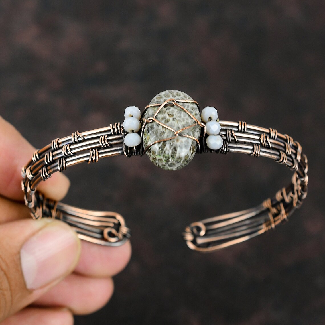 Wire Wrapped Stingray Coral Cuff Bracelet Blue Lace Agate Beads Bangle ...