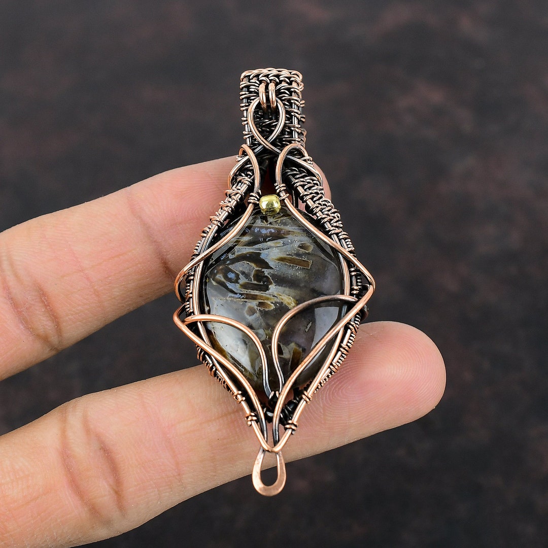 Stick Agate Gemstone Pendant Copper Wire Wrapped Pendant Unique Copper ...