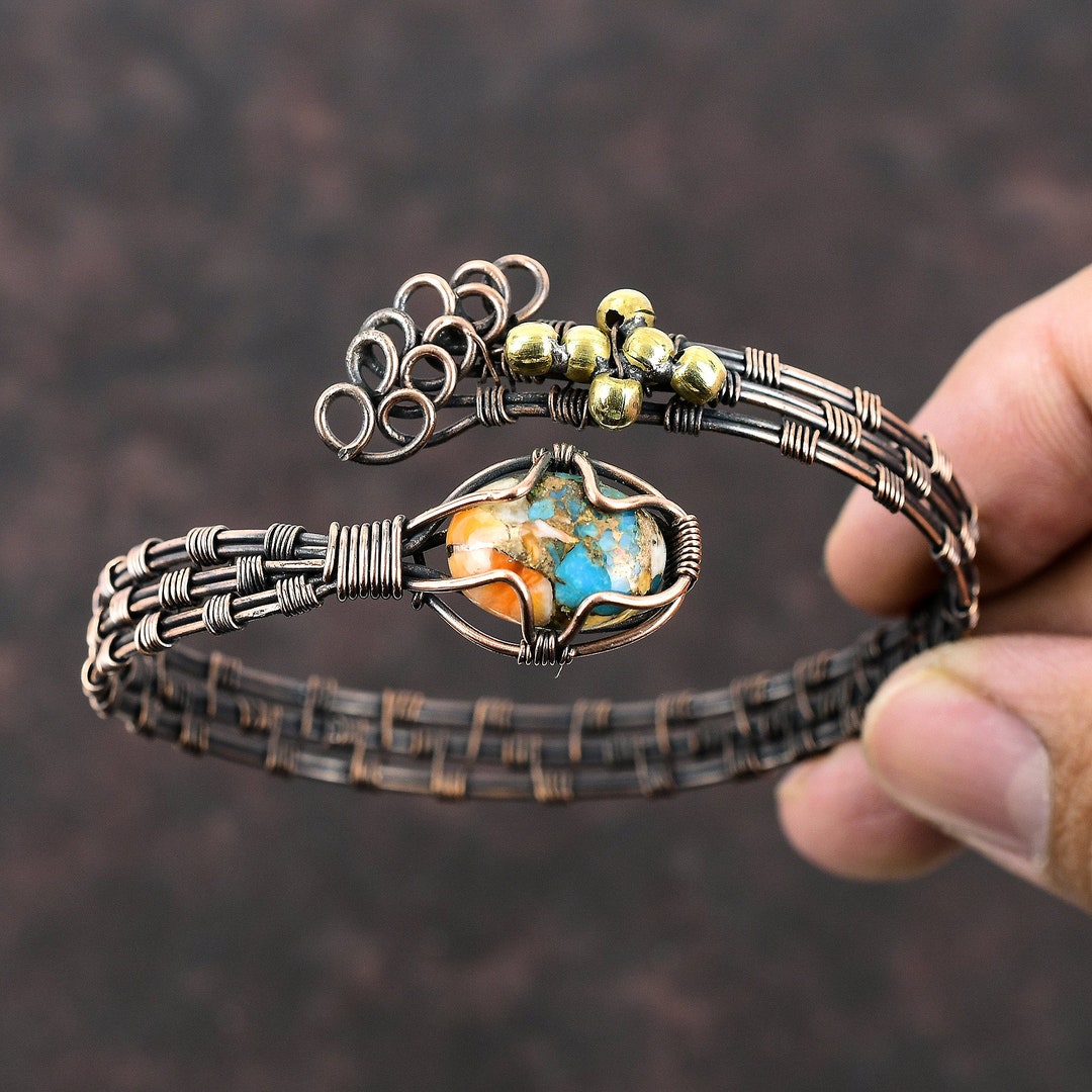 Spiny Oyster Copper Turquoise Cuff Bracelet Copper Wire Wrapped Jewelry ...