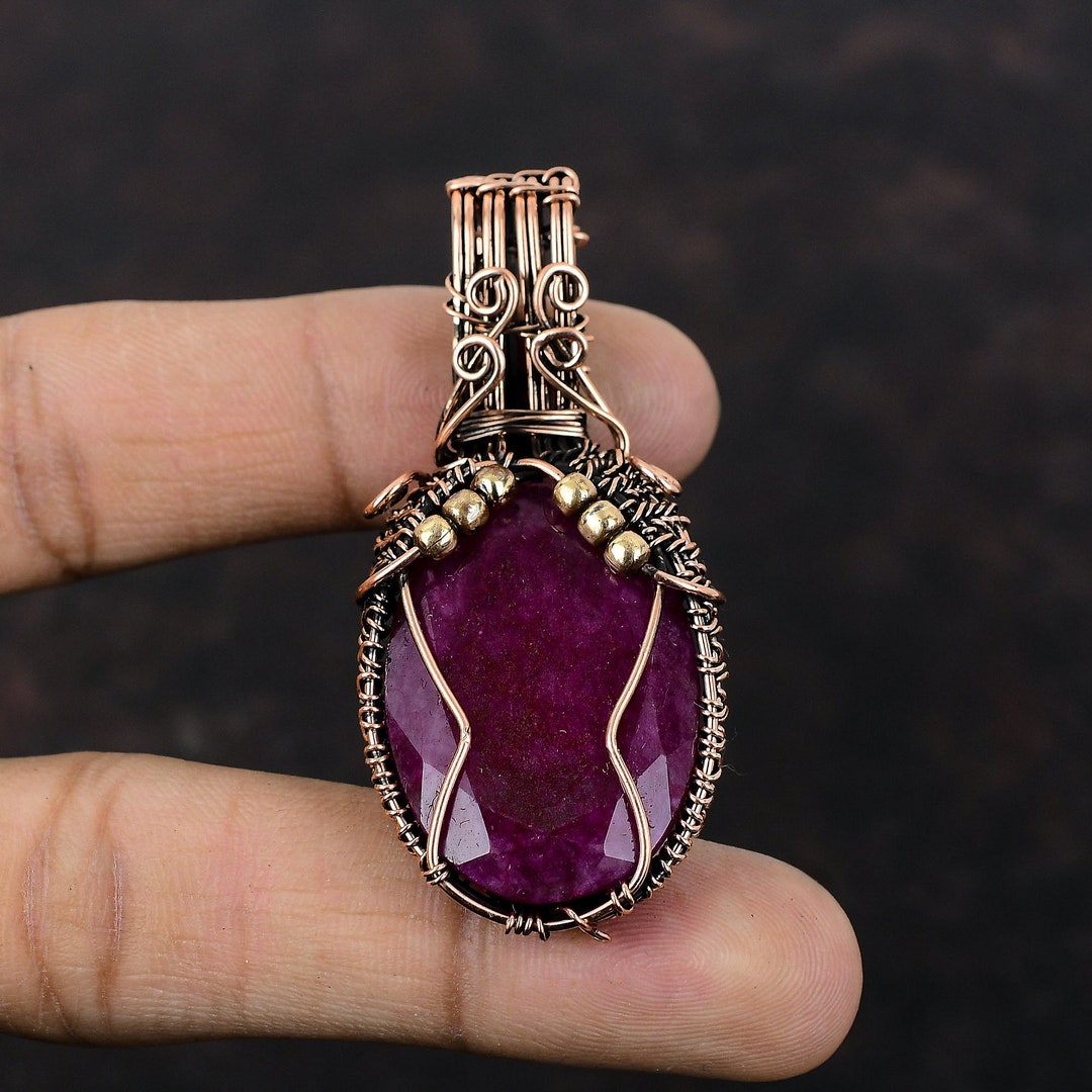 Faceted Kashmir Ruby Pendant Copper Wire Wrapped Pendant Gemstone Pendant Wire Wrapped Kashmir ...