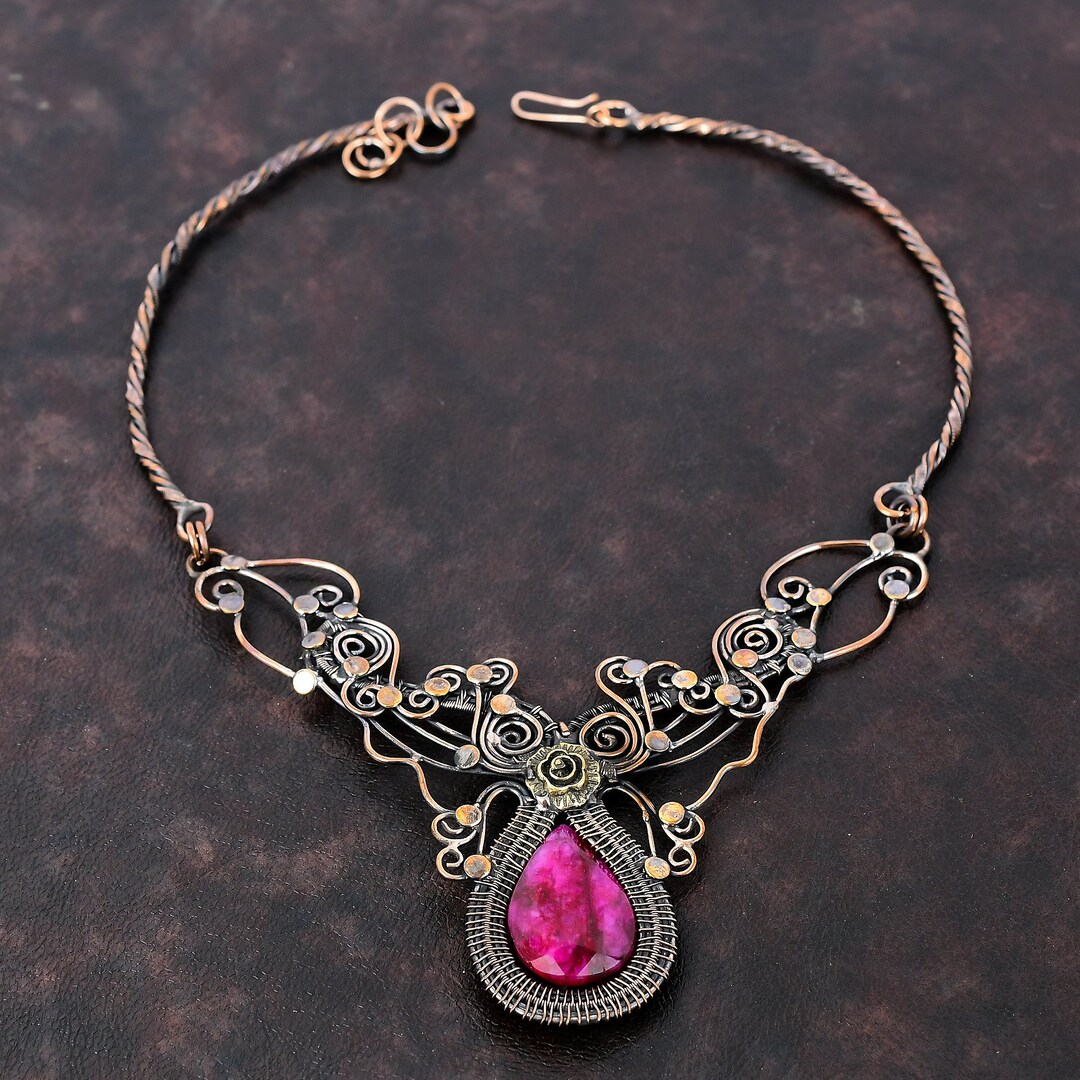 Faceted Kashmir Ruby Necklace Copper Wire Wrapped Adjustable Necklace ...