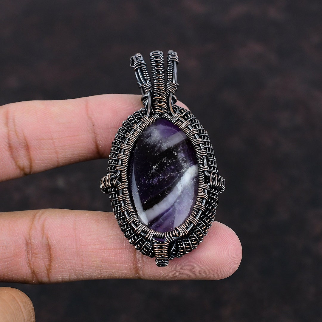 Chevron Amethyst Pendant Copper Wire Wrapped Pendant Gemstone Jewelry ...