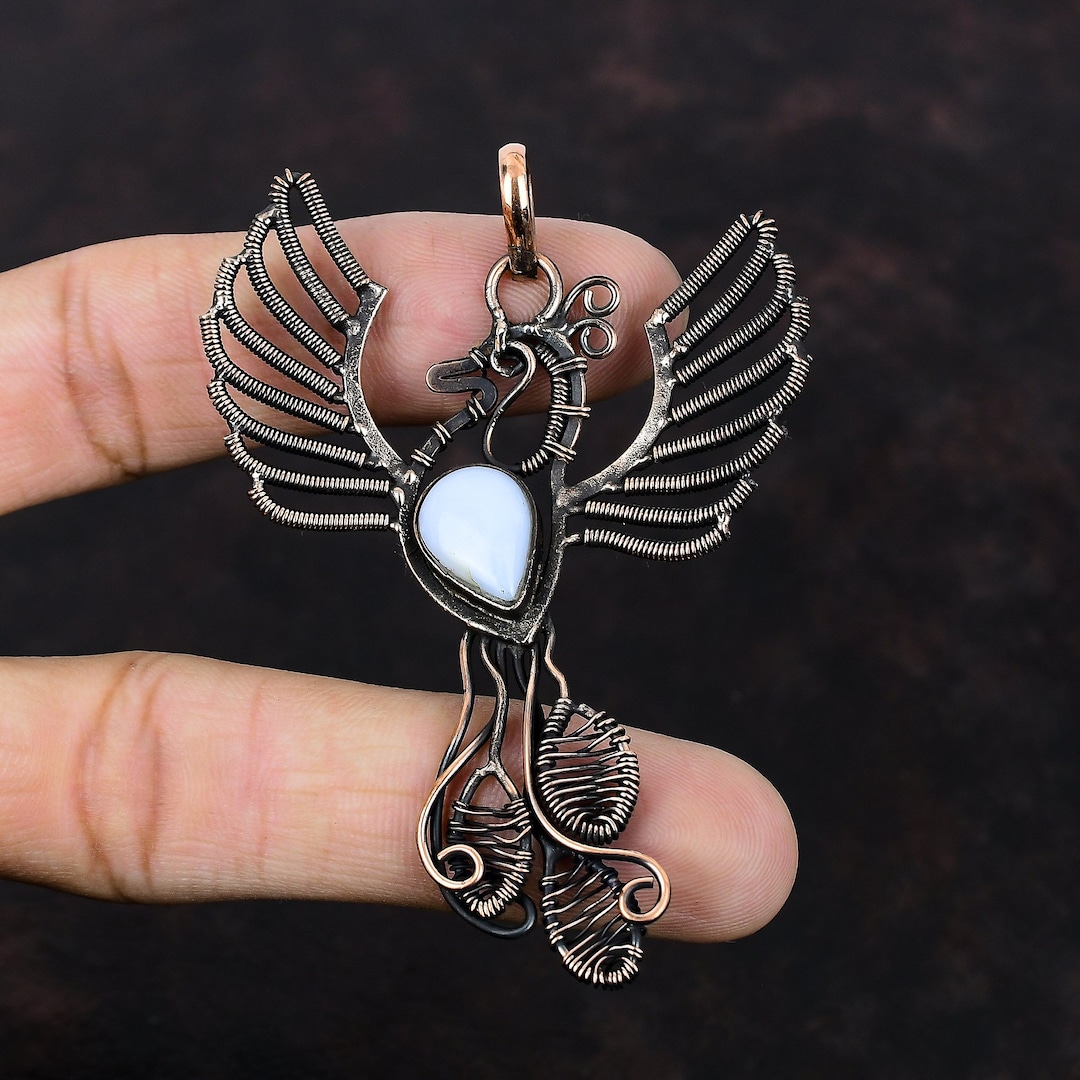 Handmade Copper Wire Wrapped Phoenix Bird Pendant: Blue Lace Agate ...