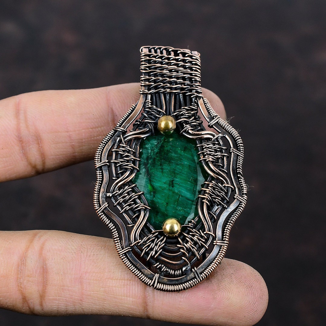 Faceted Zambian Emerald Pendant Copper Wire Wrapped Pendant Handmade ...