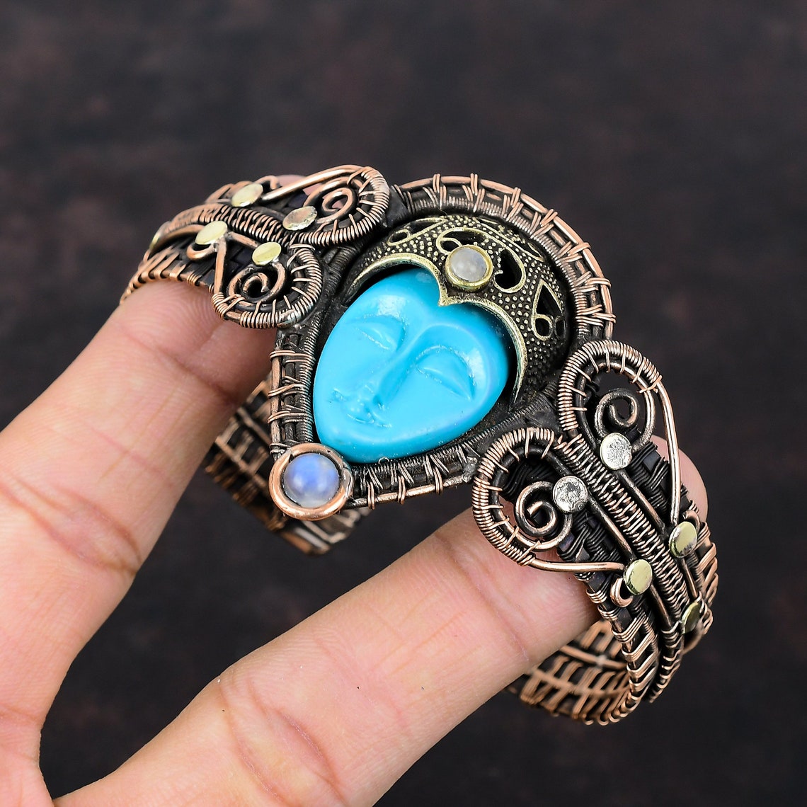 Blue Carved Bone Face Cuff Bracelet Copper Wire Wrapped Bangle ...