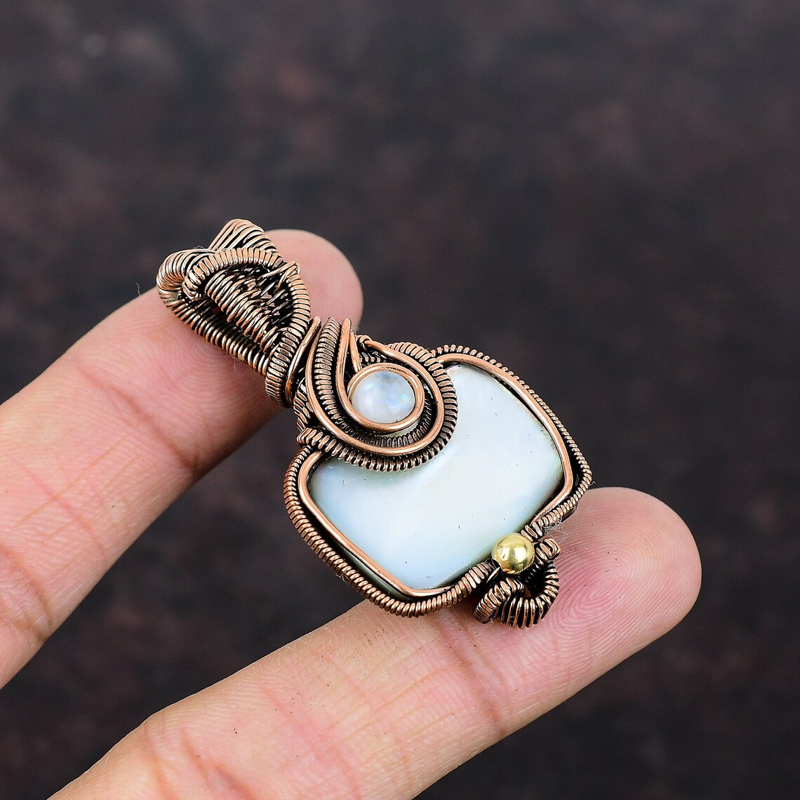 Mother of Pearl Pendant Copper Wire Wrapped Gemstone Pendant Handmade ...