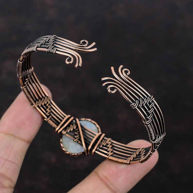 Rainbow Moonstone Bangle Copper Wire Wrapped Cuff Bracelet Adjustable ...