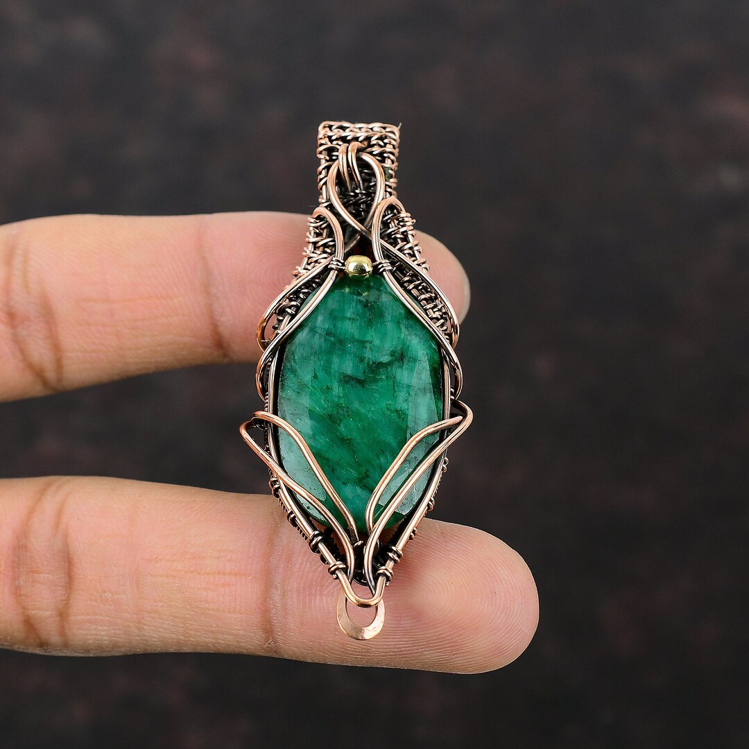 Faceted Zambian Emerald Pendant Copper Wire Wrapped Gemstone Pendant ...