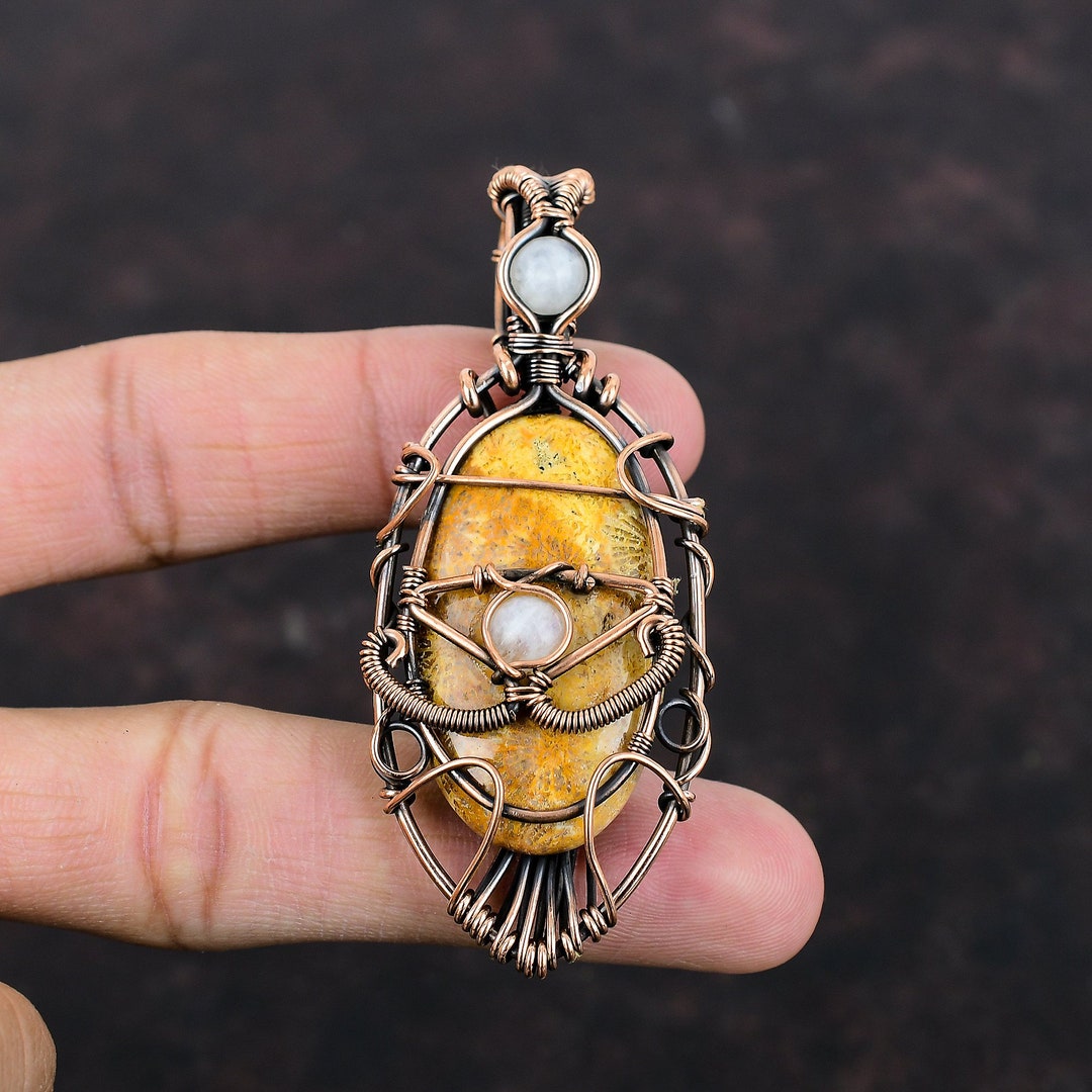 Evil Eye Fossil Coral Pendant Copper Wire Wrapped Pendant Moonstone ...