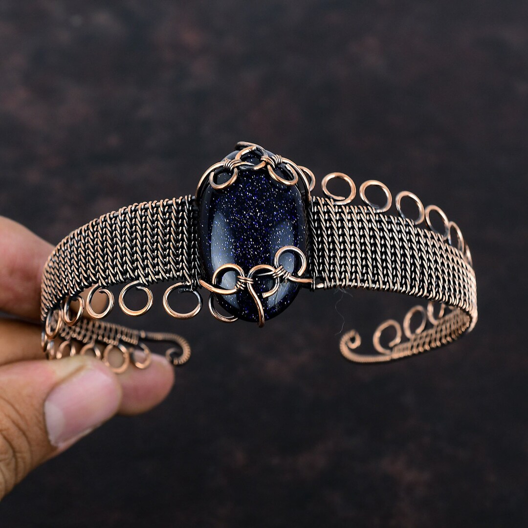 Blue Sunstone Bangle Copper Wire Wrapped Cuff Bracelet Gemstone Jewelry ...