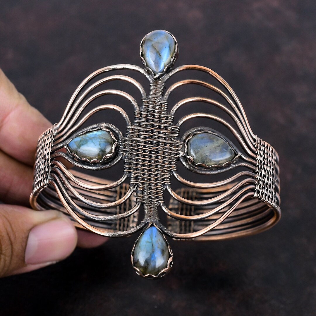 Labradorite Bangle Copper Wire Wrapped Cuff Bracelet Adjustable Bangle Gemstone Cuff Handmade ...