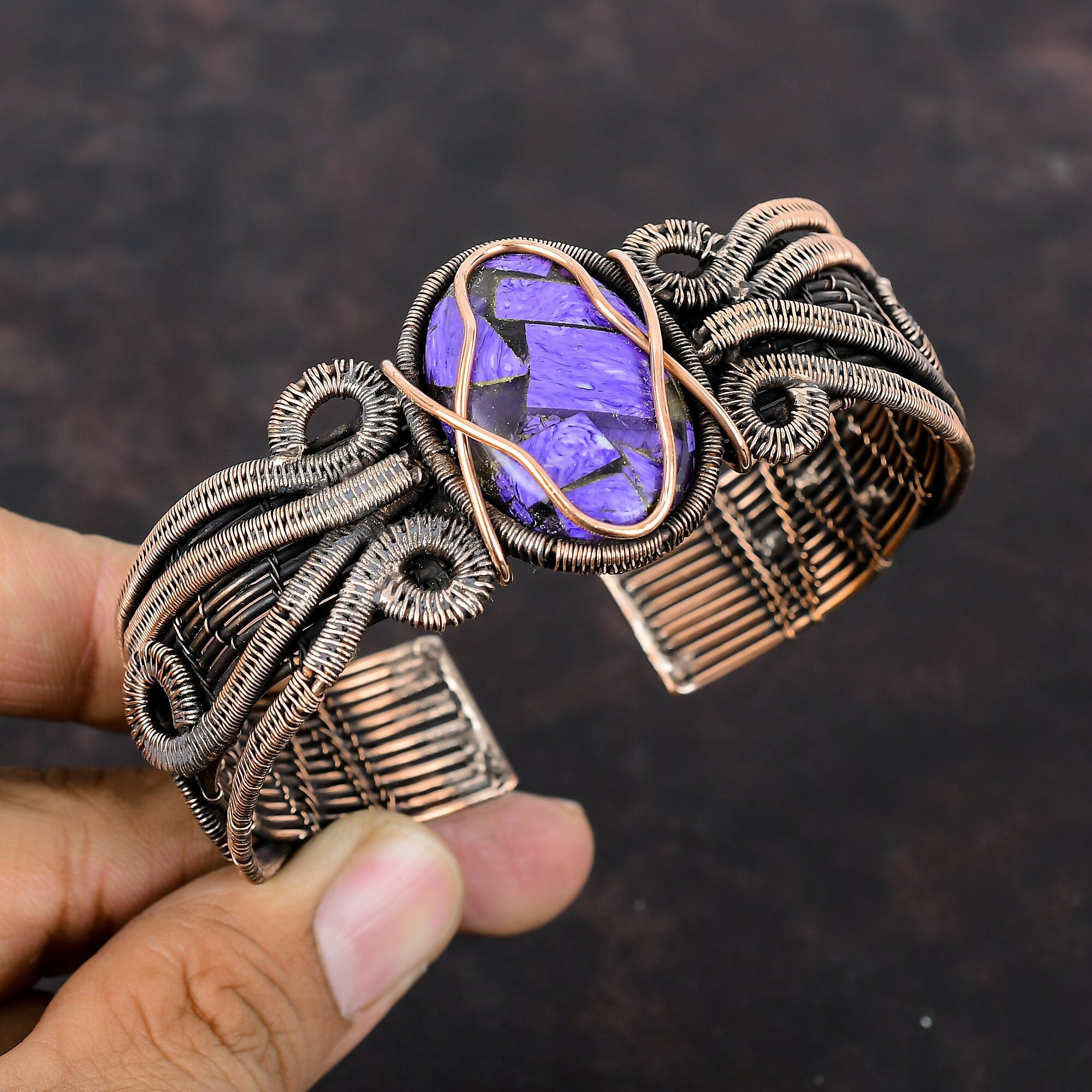 Copper Charoite Bangle Copper Wire Wrapped Gemstone Bangle Adjustable ...