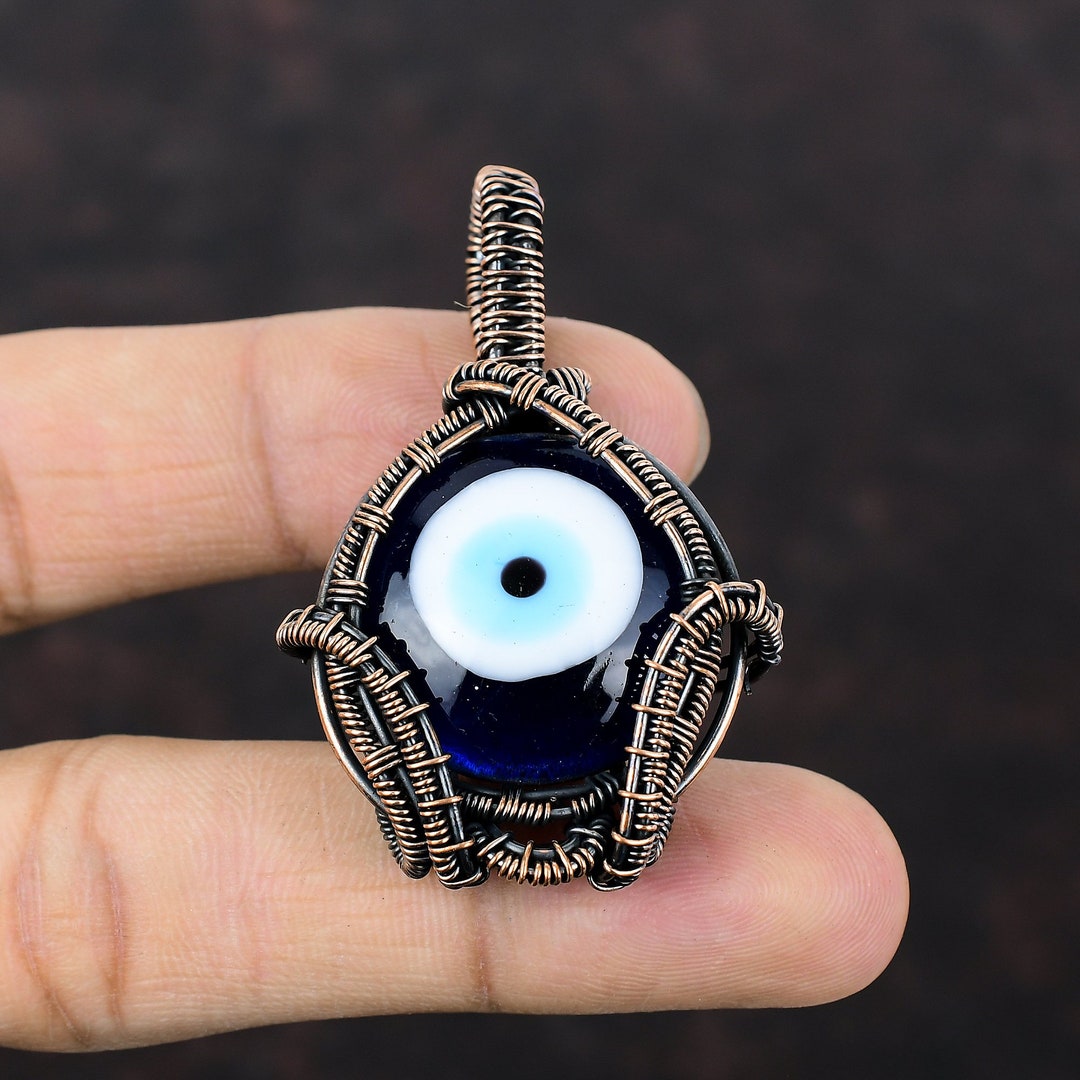 Blue Color Evil Eye Pendant Copper Wire Wrapped Pendant Handmade ...