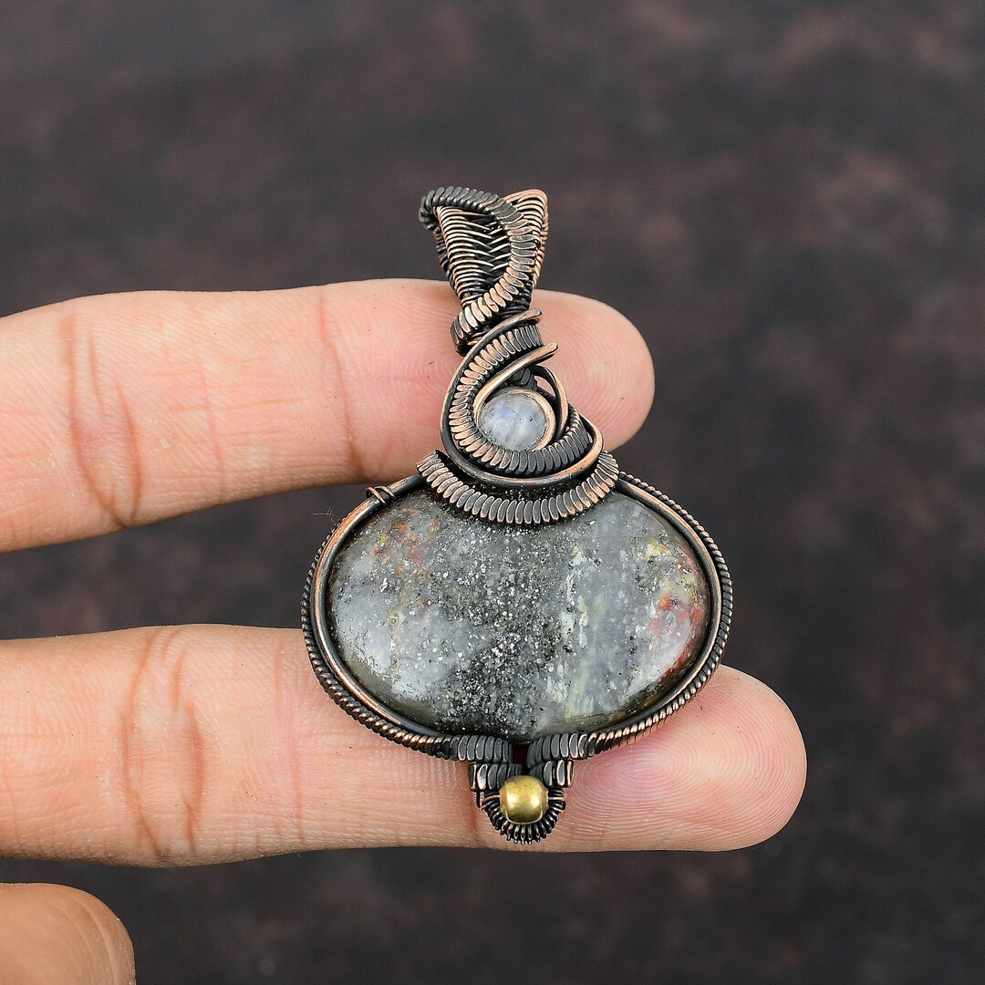Black Sunstone Pendant Copper Wire Wrapped Pendant Rainbow Moonstone ...