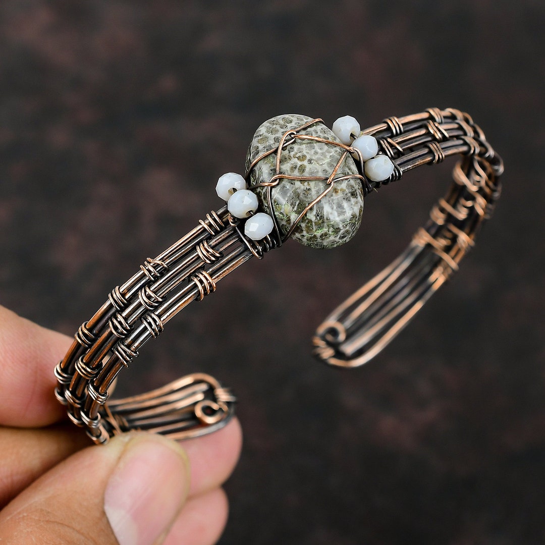 Wire Wrapped Stingray Coral Cuff Bracelet Blue Lace Agate Beads Bangle ...