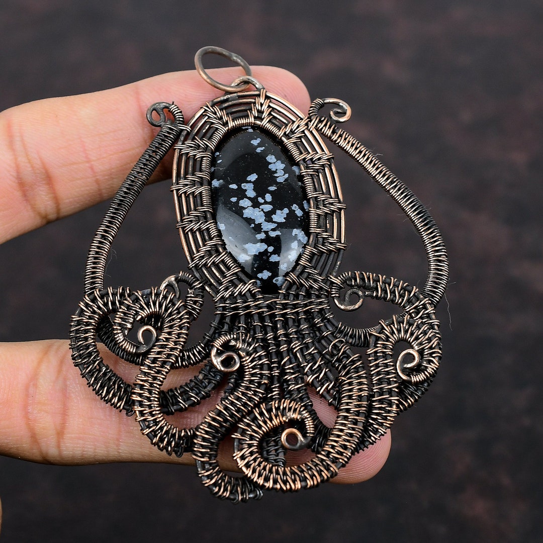 Snowflake Obsidian Pendant Copper Wire Wrapped Gemstone Pendant Octopus ...
