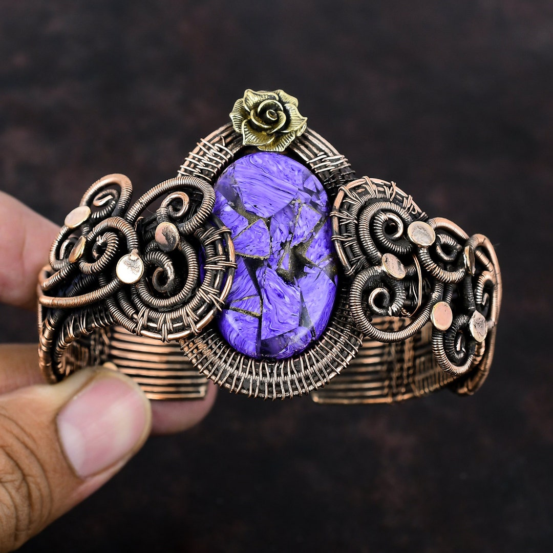 Copper Charoite Bangle Copper Wire Wrapped Bangle Adjustable Cuff ...