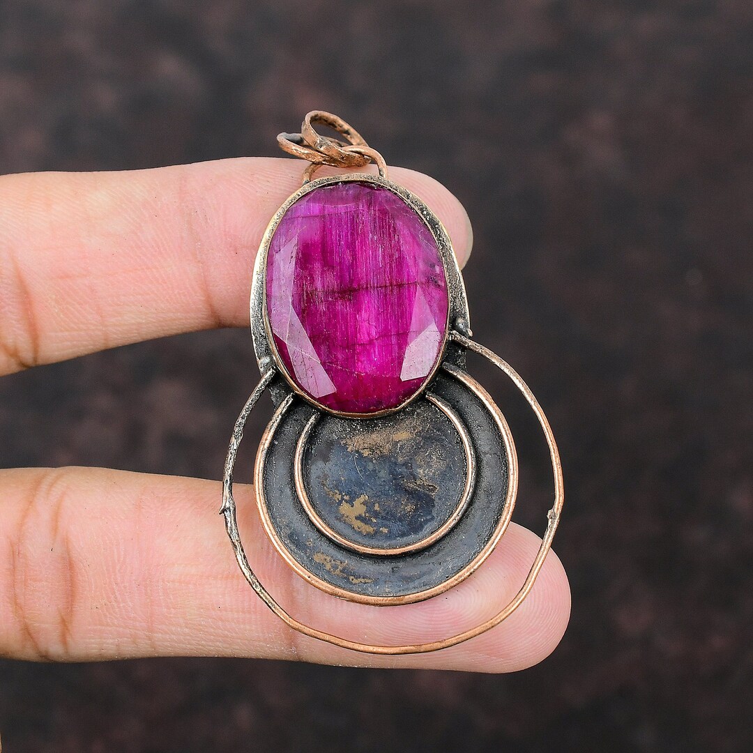 Faceted Kashmir Ruby Pendant Copper Pendant Handmade Boho Jewelry ...